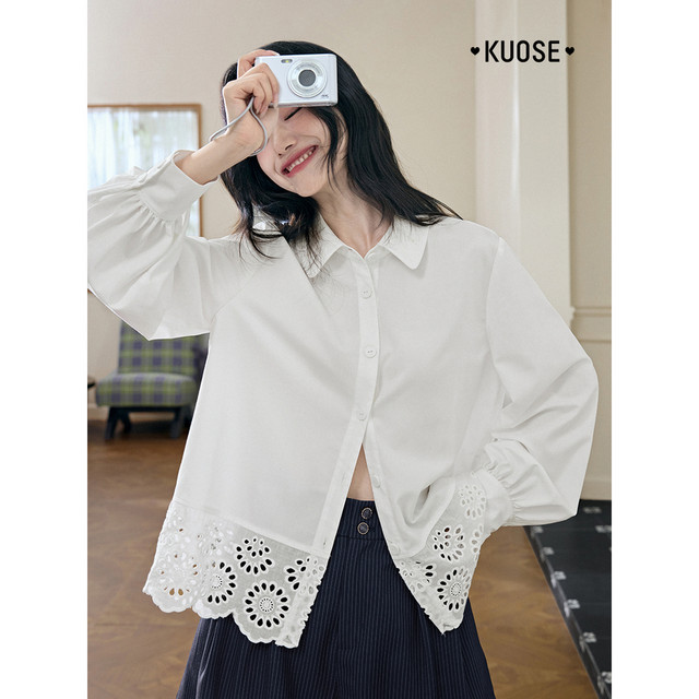 Wide color lapel shirt jacket cardigan lace top 2025 early autumn ...