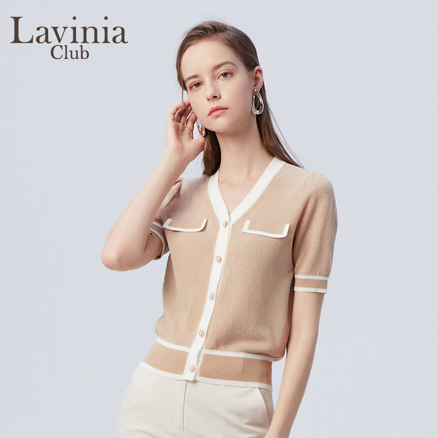 Lavinia summer new thin V-neck small fresh small fragrance style contrast short-sleeved knitted ...