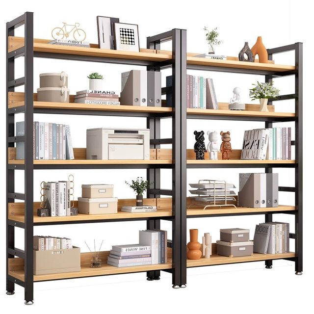 Bookshelf floor storage rack Simple steel and wood shelf document ...