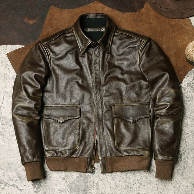 A2 olive top layer cowhide leather jacket, vintage rubbed leather lapel ...