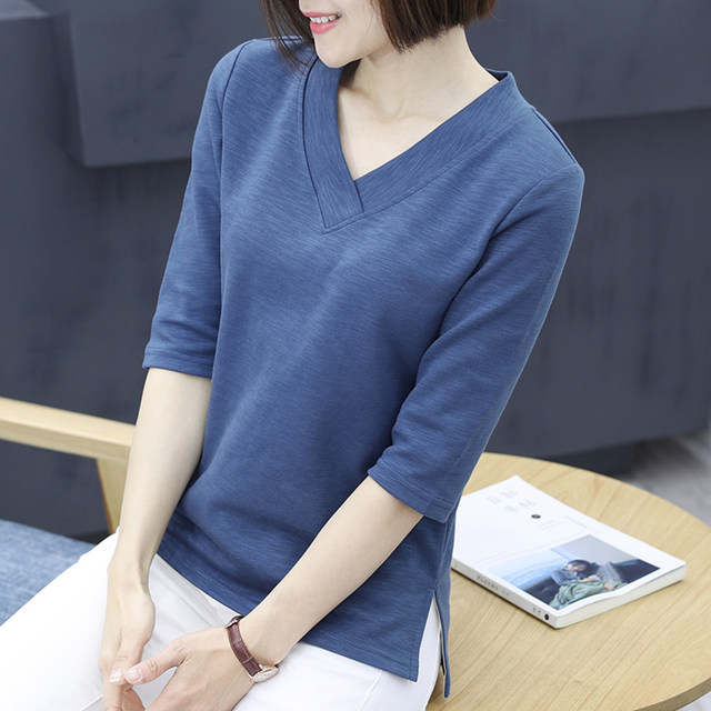 Large size pure cotton V -neck spring new 7 -point sleeve women's shirt ...