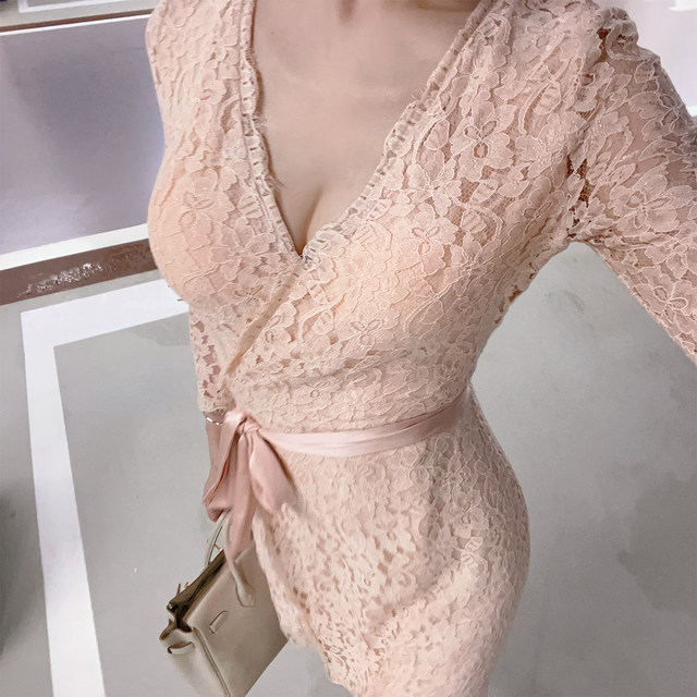 DFAY Gentle Beauty Fragrance Custom-dyed Lace Dress Elegant V-neck Slim ...