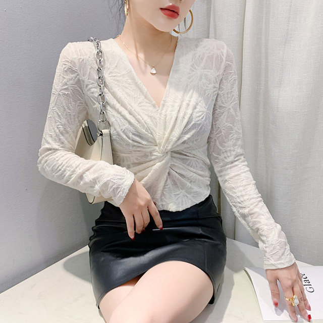 Temperament cross kink T-shirt for women long-sleeved autumn and winter ...