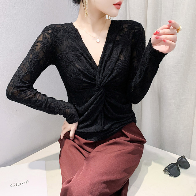 Temperament cross kink T-shirt for women long-sleeved autumn and winter ...