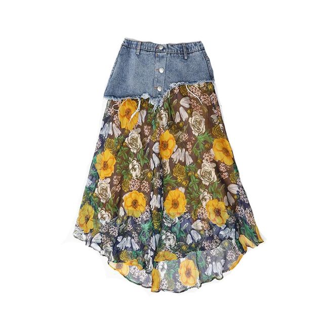 Asymmetric denim skirt Swiling chiffon floral skirt in the middle of ...