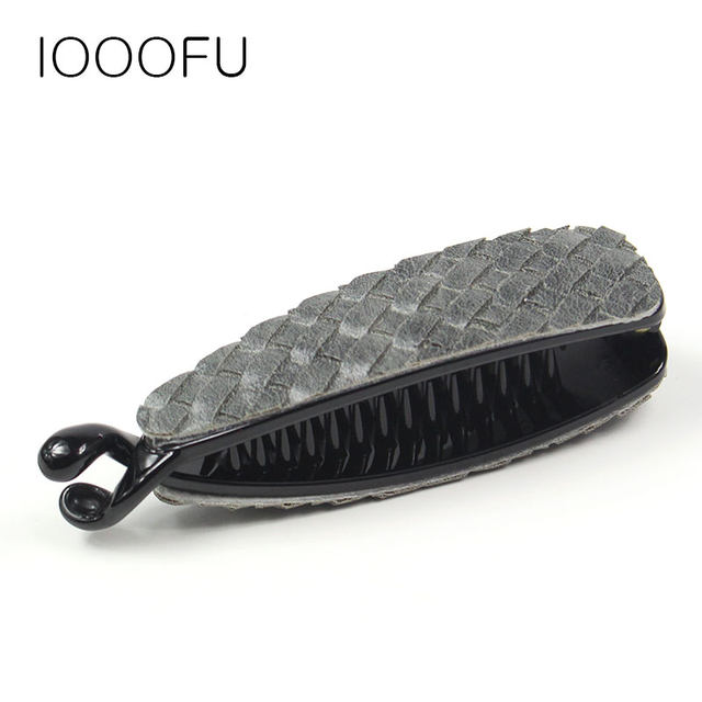 Woven cortex grabbed solid -color leather hair clip Korean medium ...