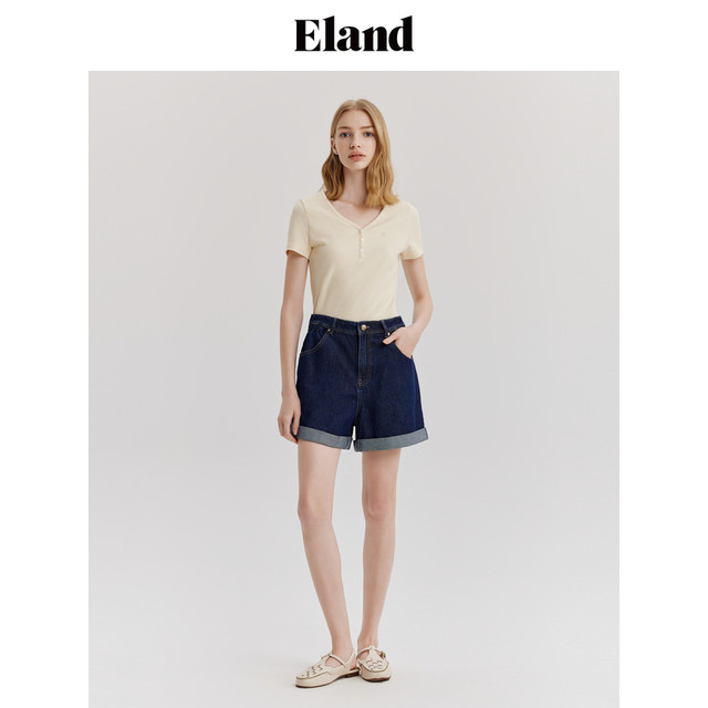 Eland Clothes T-shirt Women's Love Collar Half-Open Front Shoulder Grey ...