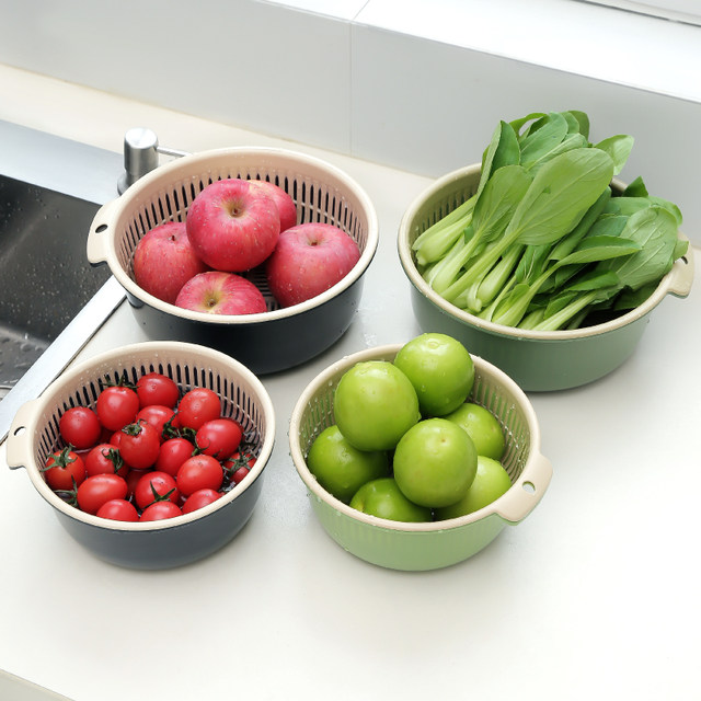 Washing basin plastic double-layer drain basket leaking basin rice washing artifact vegetable ...