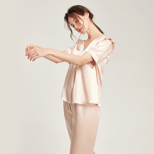 Shanmuer silk pajamas set for women short-sleeved trousers silk high ...