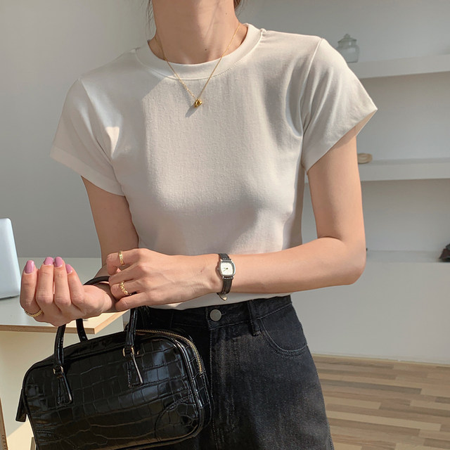 Pure cotton short-sleeved T-shirt with inner layer tops popular ins ...