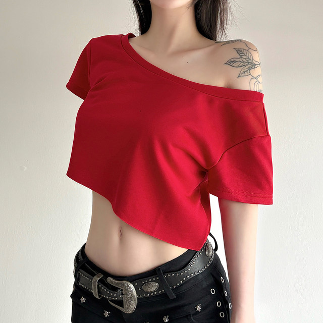 FabGirls American sexy basic off-shoulder short-sleeved T-shirt, hot girls versatile slim short top