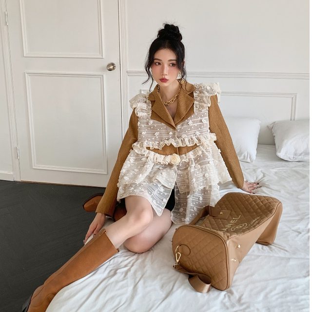 Spot French romantic mesh ruffled suit jacket for women autumn loose ...