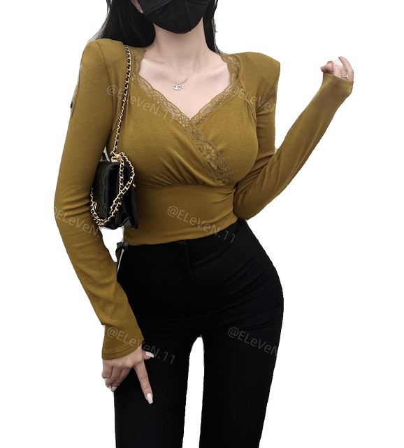 Ready temperament! Lace stitching slim body V -neck long sleeve T ...