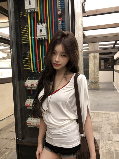 Yang Ribai Lazy First V-neck Bat Sleeve T-shirt Slim Modal Knitted Top