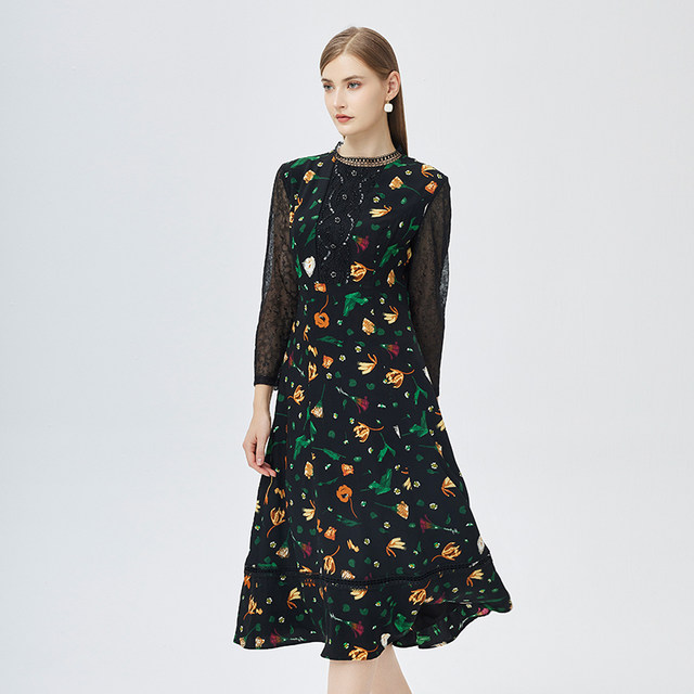 Authentic Ma Tiannu autumn winter autumn black lace dress temperament ...