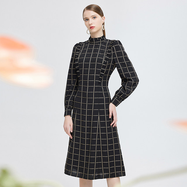 Authentic Ma Tiannu autumn winter autumn black plaid stand collar dress ...