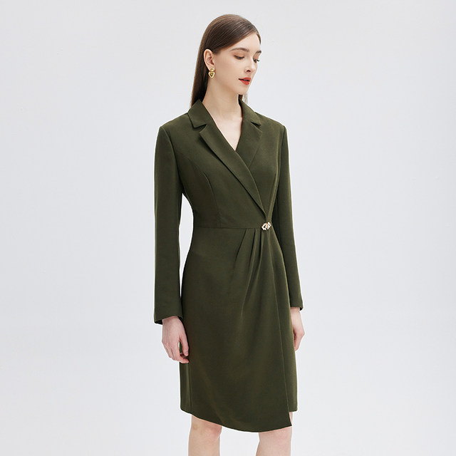 Authentic Ma Tiannu girl autumn and winter green suit collar dress slim ...