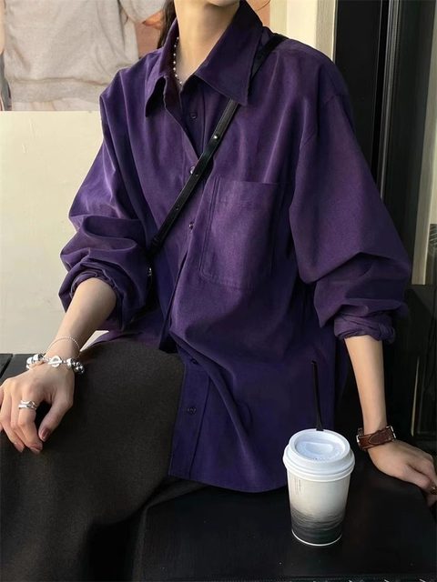 Corduroy shirt retro design French style layered purple shirt autumn ...