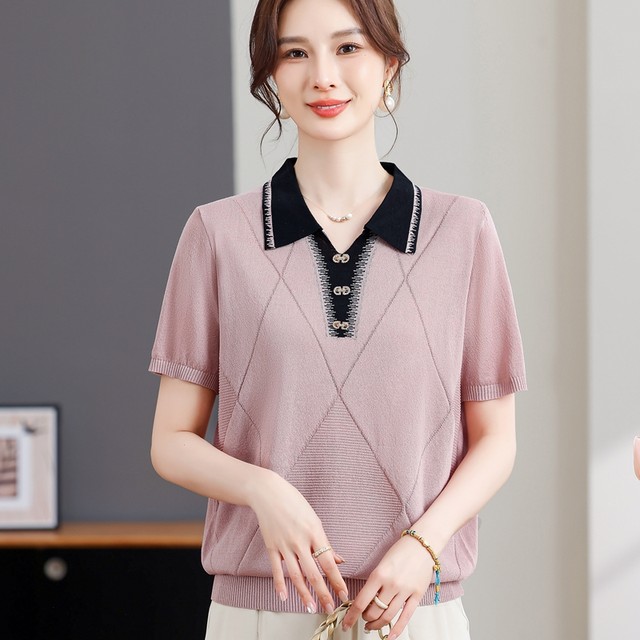 Fashionable mother summer lapel ice silk short sleeve breathable shirt ...