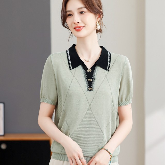Fashionable mother summer lapel ice silk short sleeve breathable shirt ...