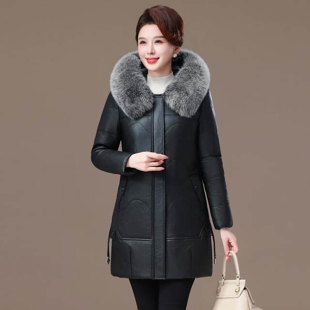 Haining leather down jacket female medium long size mothers wear leather jackets and velvet ...