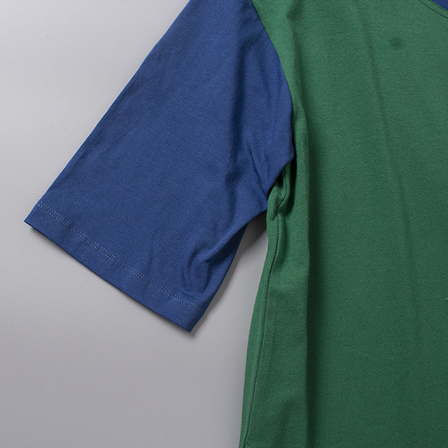 2023 Xia Xinwen Retro Blue Green Switching Loose Leisure Round Collar ...