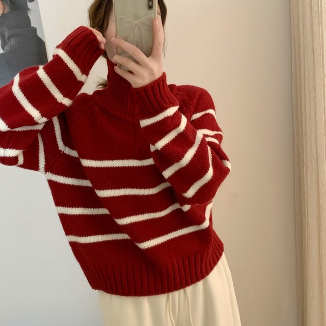 In addition, high collar half zipper striped contrasting color college ...