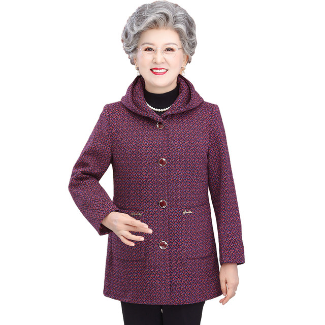 Autumn clothing for the elderly, women's hooded woolen coat, old lady ...