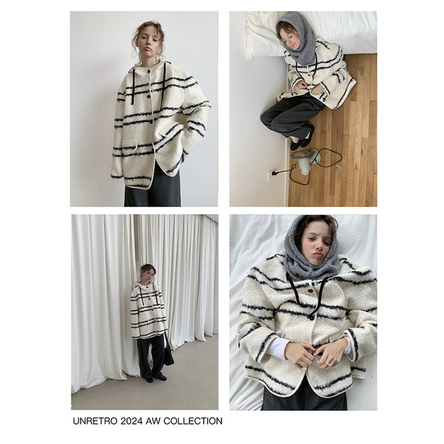 Unretro autumn and winter retro small stripes with hooded hooded circles