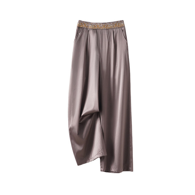 Silk straight trousers, natural waist embroidered long trousers, summer ...