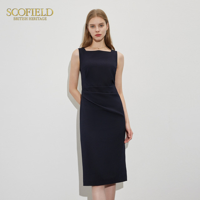 Scofield women's simple square collar dress irregular stand pleated ...