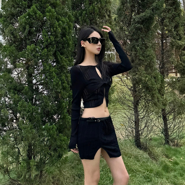 CNLEEWEI kink slit pullover long sleeve wool knit top short skirt suit ...