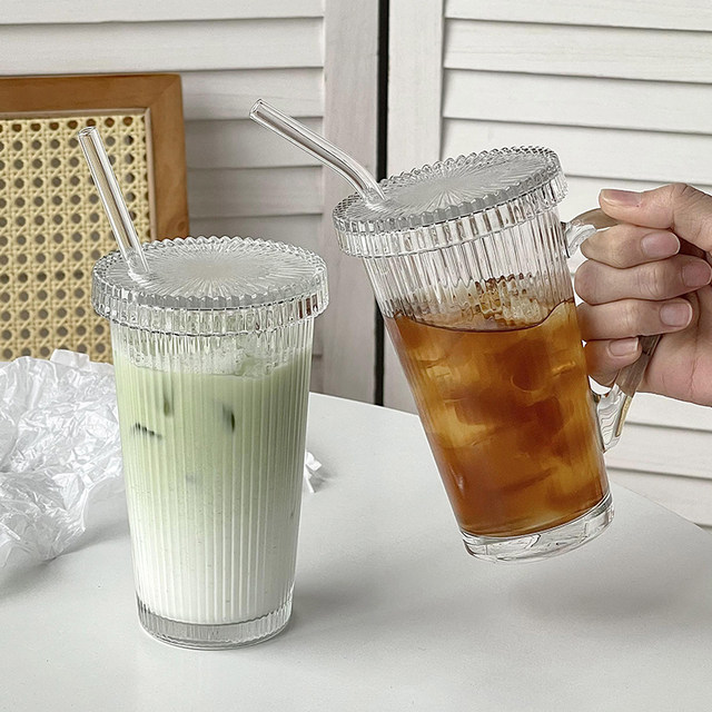 Vertical striped straw cup with lid, ins style high-looking glass water ...