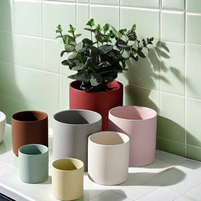 Colorful ceramic flower pots with trays, straight cylindrical indoor ...