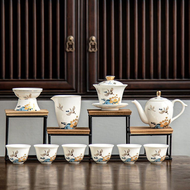 Gold inlaid jade, sheep fat porcelain lady exquisite high -end tea set ...