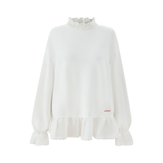 UNIFREE white long-sleeved T-shirt for women pure half turtle neck puff ...