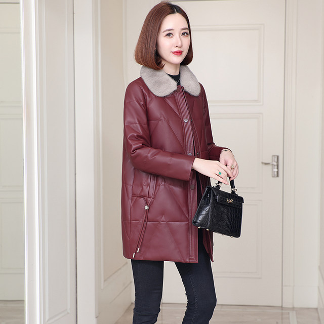 Haining Leather Coat Genuine Leather Down Jacket Women's Medium Long ...