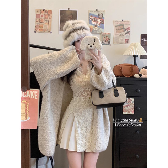 Korean lazy wind lace split vest female apricot color long -sleeved ...