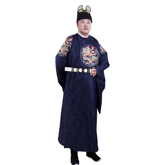 Junyu Ming Dynasty Round Collar Robe Men's Hanfu Blue Chinese Style ...