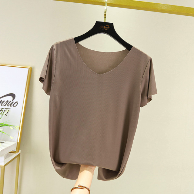 V-neck short-sleeved solid color ice silk top summer thin solid color ...
