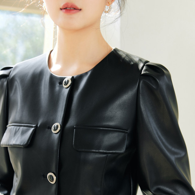 Qiu Shui Ren round neck straight bubble sleeve matte leather jacket 2024 autumn new women's ...