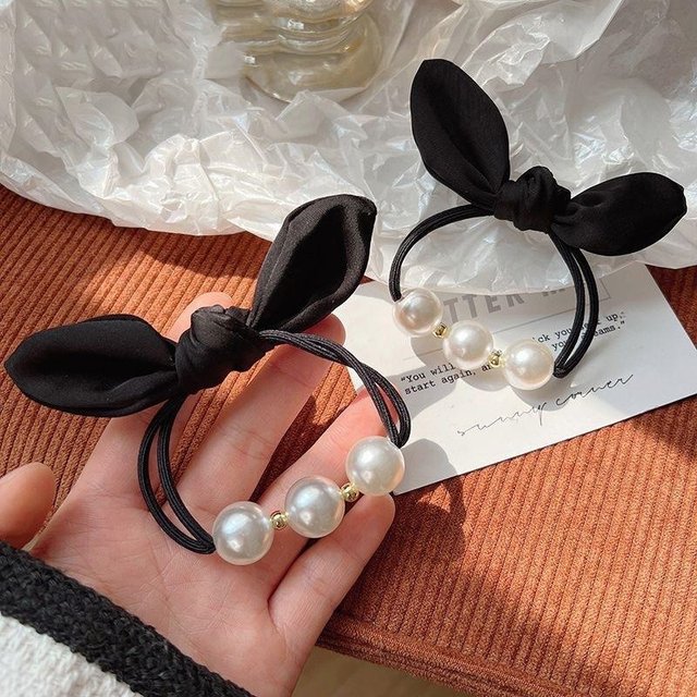 Black rabbit ears bow pearl hair circle high elastic rubber band girls ...