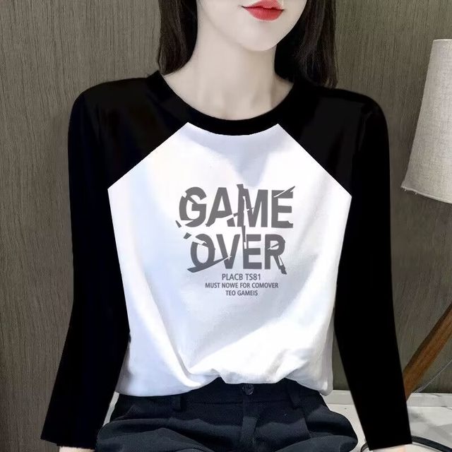 American style raglan contrasting color stitching long-sleeved T-shirt ...