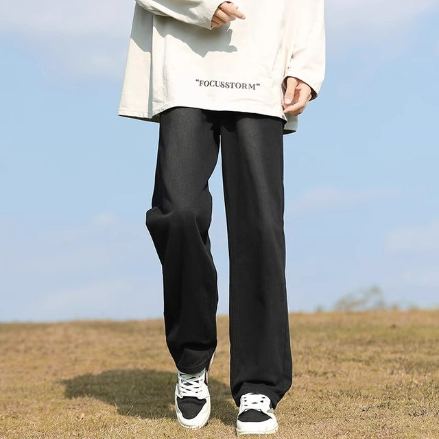 Black washing gradient jeans men's autumn and winter new loose straight ...