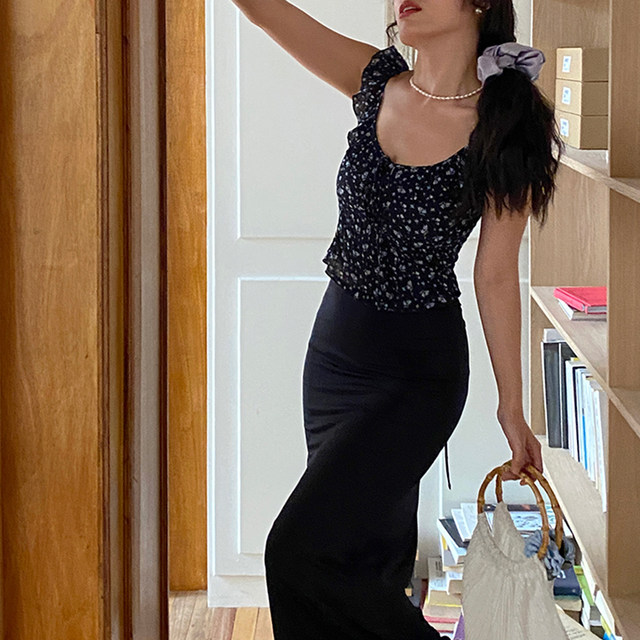 ooh itch itch French retro floral vest women's printed ruffle waistband ...