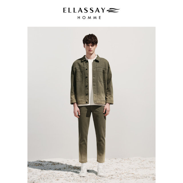 ELLASSAY men's new gradient washed distressed denim jacket long-sleeved ...
