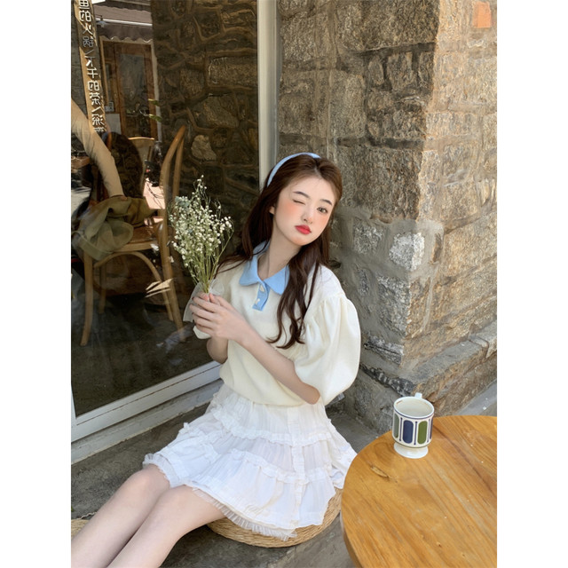 Fan Wenwen Milan schoolgirl contrasting puff sleeve POLO shirt for ...