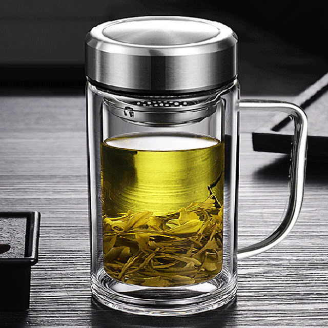 Tea cup glass men's double layer with handle office personal special ...
