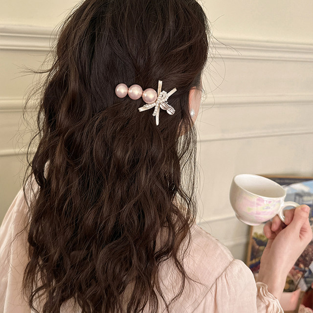 Pearl bow rhinestone hair clip side clip female forehead broken hair ...