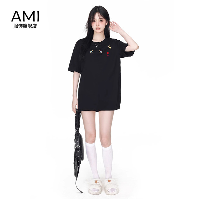 AMI flagship store American black front shoulder short-sleeved T-shirt ...